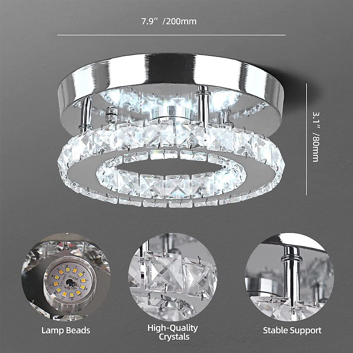 HOPGGIE Modern Crystal Chandelier LED Flush Mount Pendant Lighting Mini Ceiling Light Fixture for Bathroom Bedroom Hallway Staircase Bar Kitchen (Cold White)