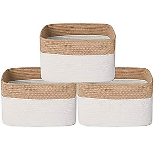 ANMINY 3PCS Woven Cotton Rope Storage Baskets with Handles Large Washable Basket Set Decorative Storage Bins Boxes Blanket Clothes Towel Laundry Organizer Containers - White/Brown