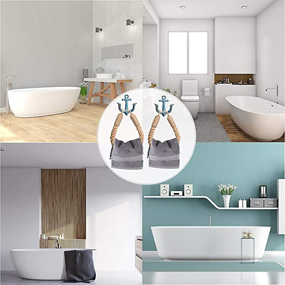 Agolla Nautical Toilet Paper Holder, Rustic-Industrial Wall-Mounted Beach Themed Rope Towel Ring with Metal Hook for Bathroom Decor (Blue)