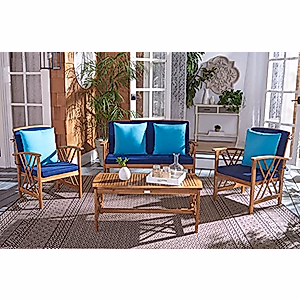 SAFAVIEH Outdoor Collection Fontana Natural/ Navy Cushions/ Blue Pillows 4-Piece Conversation Patio Set