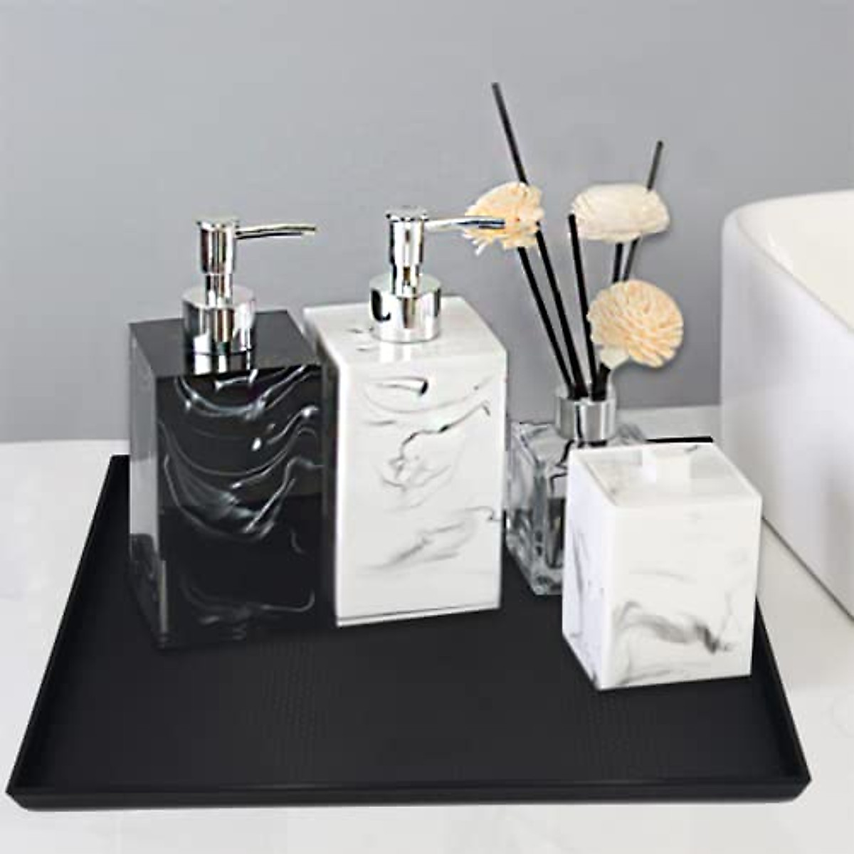 Black and White Plastic Tray Set 14 x 9.6 in, Large Vanity Organizer Bathroom Counter Tray, Kitchen Tray for Counter, Multi-Purpose Utility Trays (Pack of 2)