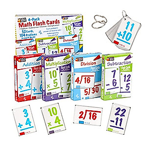 Regal Games - Four-Pack Variety Math Flash Cards - Addition, Subtraction, Multiplication, Division Practice - Classroom, Homework, Study Supplement - Includes 2 Binder Rings - 208 Cards