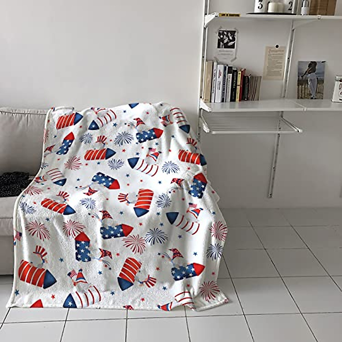 July 4th American Flag Throw Blanket Flannel Fleece, Soft Plush Cozy Baby Blankets, Blue Red Fireworks Gnome Blankets Throws Warn Fuzzy Blanket for Couch/Sofa/Chair/Travel 40"x50"