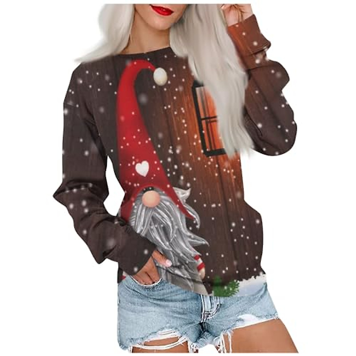 Christmas Costumes for Women Cute Santa Elk Santa 3D Effect Graphic Crewneck Sweatshirts Funny Long Sleeve Shirts Party Vacation Winter Pullovers Novelty Blouse(J-Brown,X-Large)