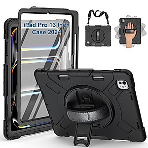 SUPFIVES Case for iPad Pro 13 Inch 2024 (7th Gen), with Screen Protector/Shoulder Strap/Pencil Holder/Handle/Rotating Stand, Green