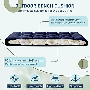 downluxe Outdoor Bench Cushion for Patio Furniture, Waterproof Tufted Overstuffed Porch Swing Cushions, Memory Foam Outdoor Loveseat Cushions, 44" X 19" X 5", Navy, Set of 1
