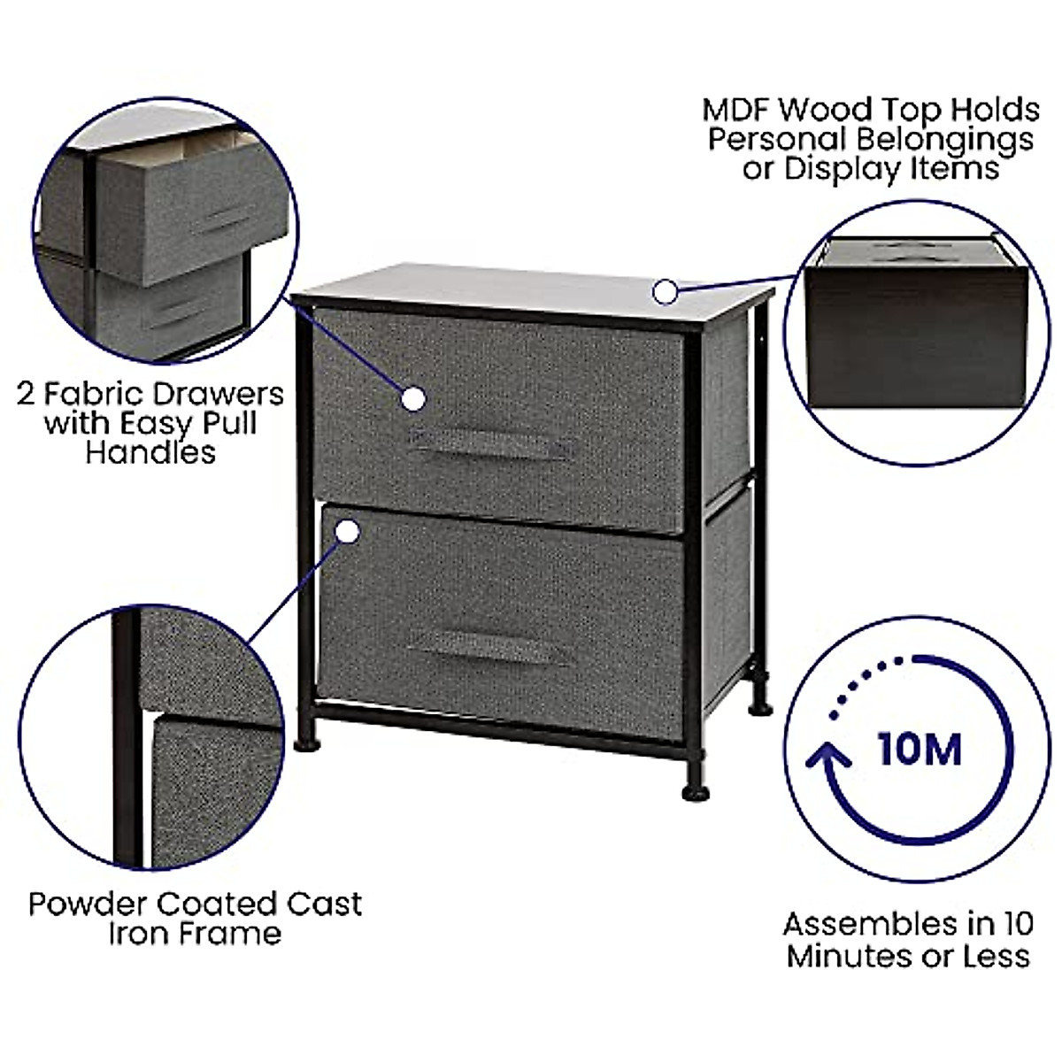 Flash Furniture 2 Drawer Storage Organizer - Black Cast Iron Frame and Wood Top - 2 Easy Pull Dark Gray Fabric Drawers