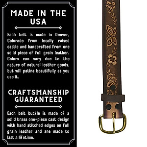 R.G. BULLCO 1-1/2" Handcrafted Women's Leather Belt - Butterfly & Floral Embossed, Full Grain Leather - Brown - Size 32 - RGB-5517