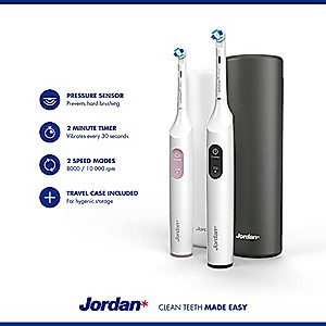 Jordan* ® | Clean Smile Electric Toothbrush for Adults | Rechargeable Toothbrush Electric with Quick Charge, Long-Lasting Battery, Pressure Sensor, 2 Speed Modes | Includes Travel Case | Black Color