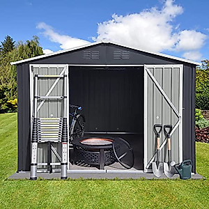 EMKK 10x8 FT Outdoor Storage Shed with Floor,Tool Garden Metal Sheds with Lockable Door,Outside Waterproof Galvanized Steel Storage House for Backyard Garden, Patio, Lawn