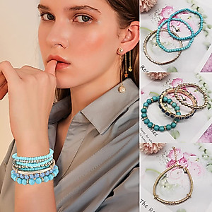 FINZOR 48Pcs Bohemian Stackable Bead Bracelets for Women Multicolor Stretch Beaded Bracelets Layered Bead Adjustable Bracelet Black Turquoise Stretch Bracelets