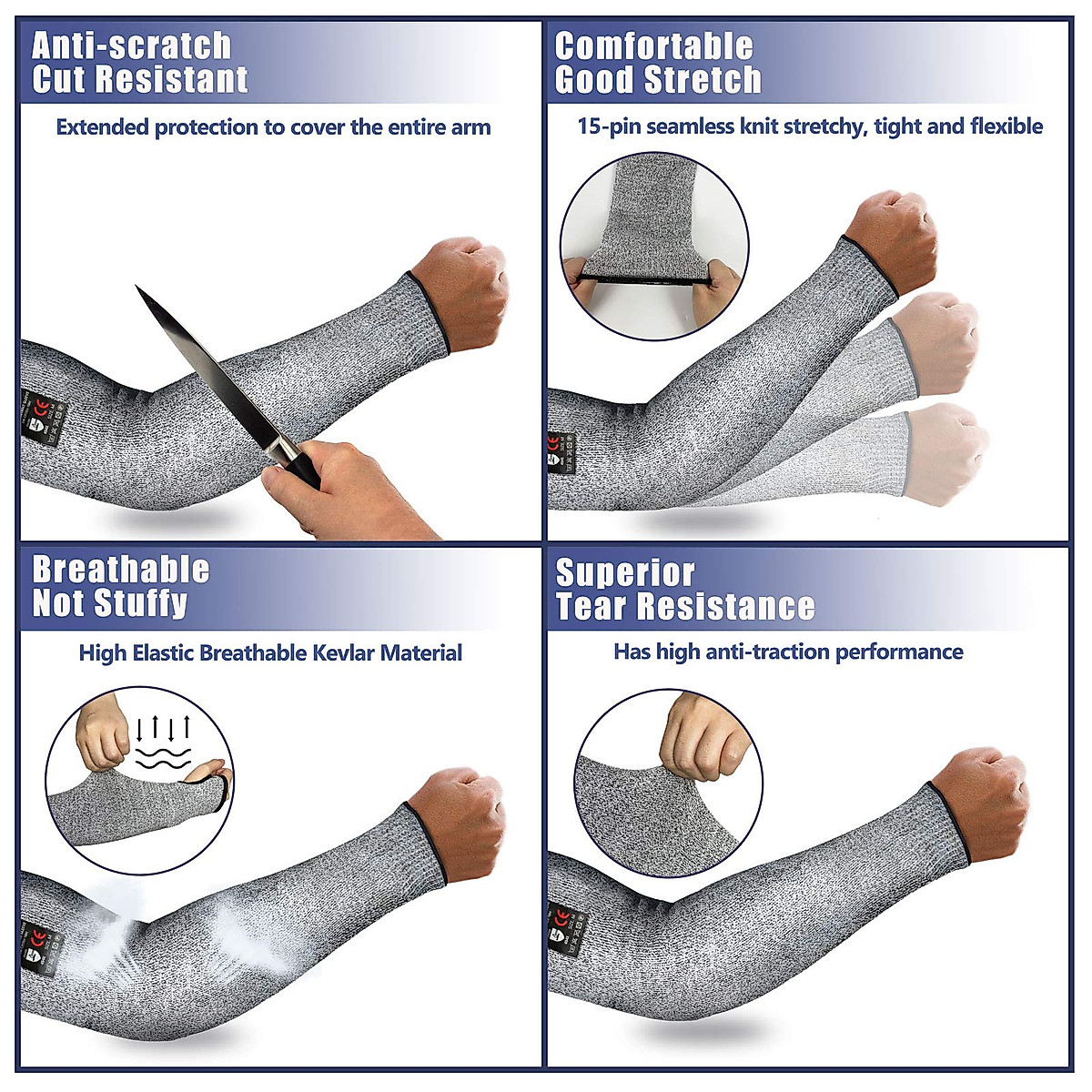 Evridwear 1 Pr/Pack Cut Resistant Sleeves for Arm Work Protection Safety in EN388 Level 5, Anti-Puncture Choice With or Without Thumb Hole. 1 pair/pkg. 4 sizes (Medium, No Thumb Hole)