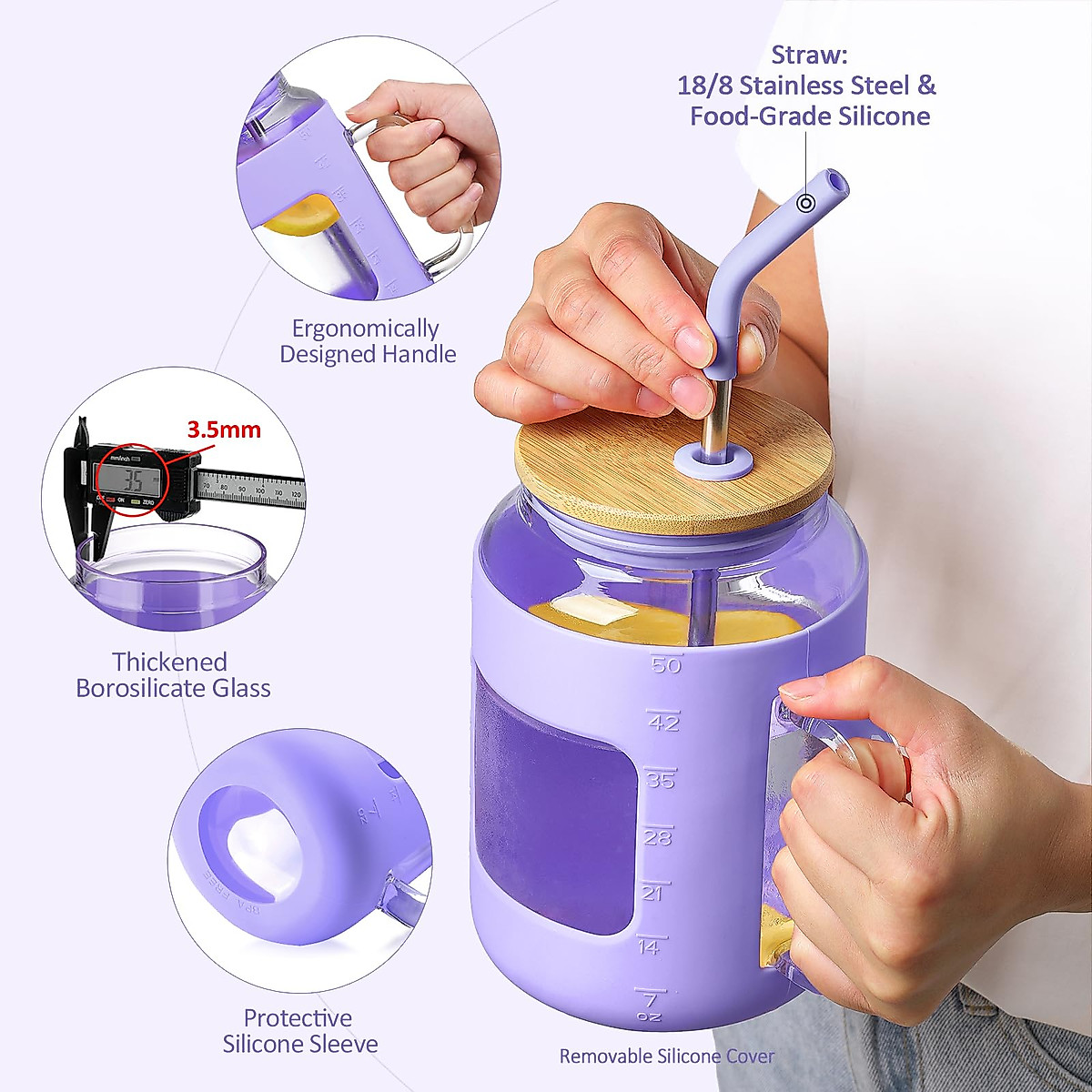 WINSA 50 oz Glass Water Bottles with Silicone Sleeve,Glass Tumbler with Lid and Straw,Iced Coffee Cup with Handle,BPA Free-Purple