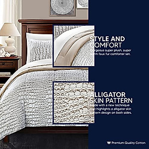 Chic Home 3 Piece New Faux Fur Collection with Mink Like Backing in Alligator Animal Skin Design Comforter Set, Queen, Grey