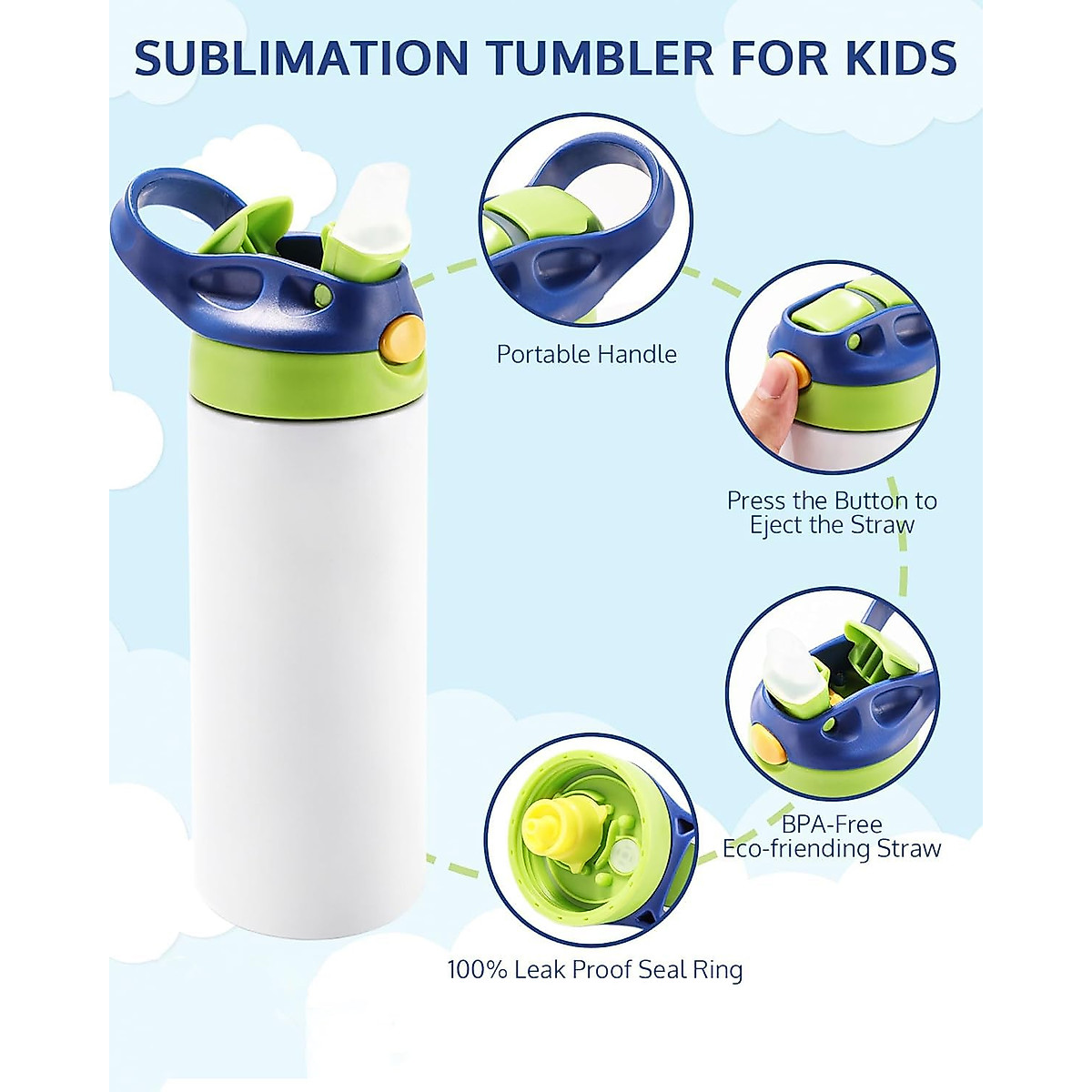 OFFNOVA 16oz Kids Sublimation Tumbler, Kids Sublimation Water Bottle Blank with Handle, Children Sublimation tumblers Cups for Milk, Soda, Juice, Drinks (4 Pack)