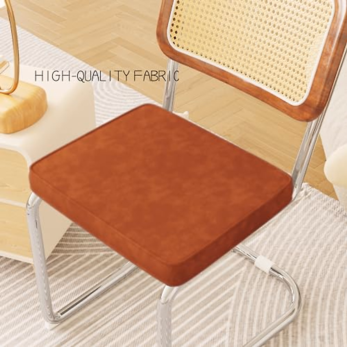 MeetLeisure Rattan Dining Chair Set of 2, Mid-Century Modern Chairs with Metal Chrome Legs, Armless Cane Back Chairs with Upholstered Cushion for Home Kitchen Dining Room, Walnut Brown/Orange