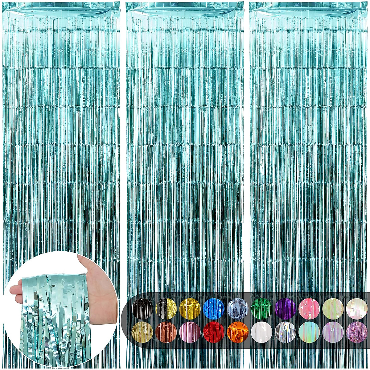 RUBFAC 3pcs 3.3x8.2 Feet Ocean Blue Fringe Backdrop Curtains,Tinsel Streamers Summer Beach Party Decorations,Fringe Backdrop for Beach Theme Party Decor
