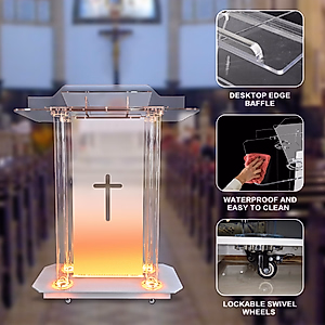 Church Pulpit with Hollow Cross Design,Led Acrylic Church Podium with Wheels& Vertical Reading Platform, 46”Transparent Lecterns for Churches,Classroom and Weeding