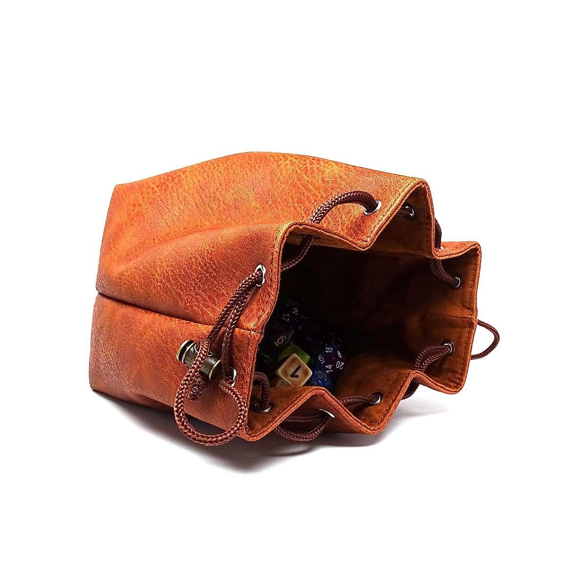 Brown Leather Lite Large Dice Bag with Wolf Design - Brown Faux Leather Exterior with Lined Interior - Stands Up on its Own and Holds 400 16mm Polyhedral Dice