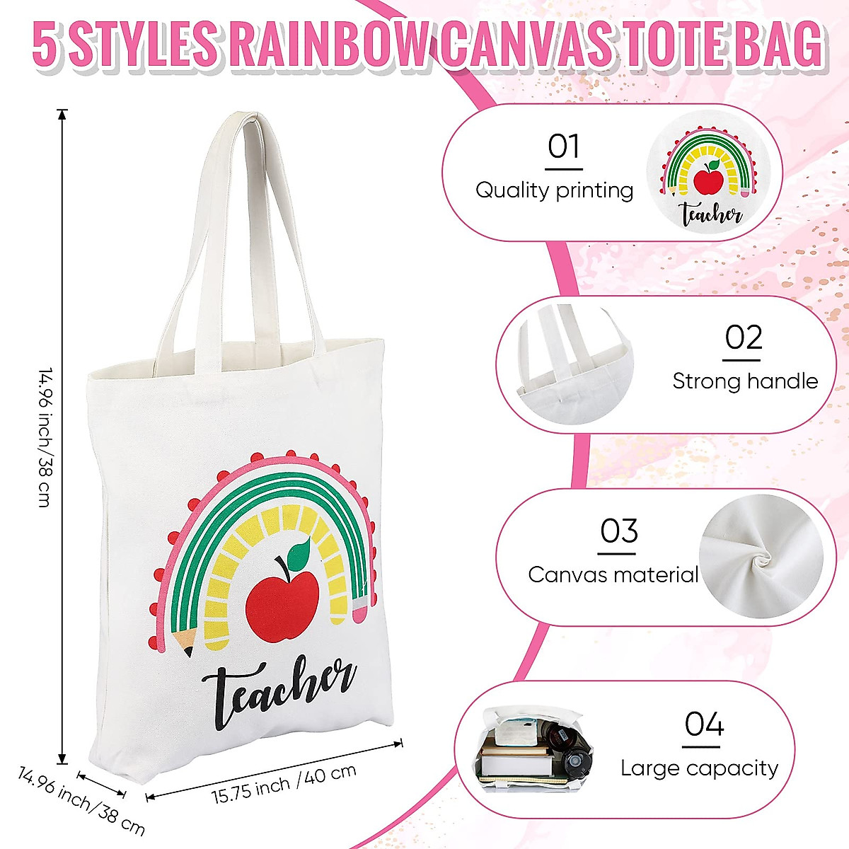 Amylove 10 Pcs Teacher Gift Bags Set Teacher Graduation Appreciation Gifts for Women Christmas Gift 5 Teacher Rainbow Canvas Totes Bag 5 Teacher Makeup Cosmetic Bags