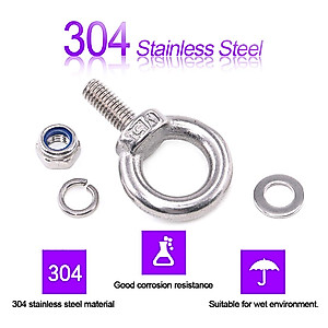 36Pcs 304 Stainless Steel M5 Male Thread Lifting Ring Eye Bolt Kit, Including 6Pcs M5 Eye Bolt with 10Pcs Lock Nuts, 10Pcs Lock Washers and 10Pcs Flat Washers