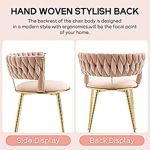 LETESA Velvet Dining Chairs Set of 2 with Hand Woven Hollow Backrest Design, Modern Upholstered Accent Chairs with Gold Metal Legs, Vanity Chairs for Dining Room, Living Room (Pink)