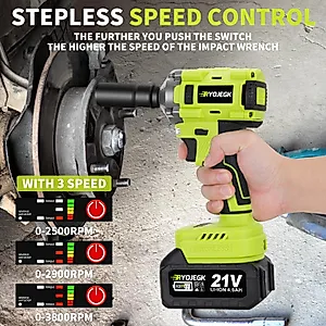 RYOJEGK 443Ft-lbs Compact Cordless Impact Wrench Set,600N.m Brushless Impact Gun 1/2 Drive 3-Speed Reversible With 2×4.0Ah Battery & Fast Charger，Llave De Impacto Inalambrico For Car Lug Nuts & Home