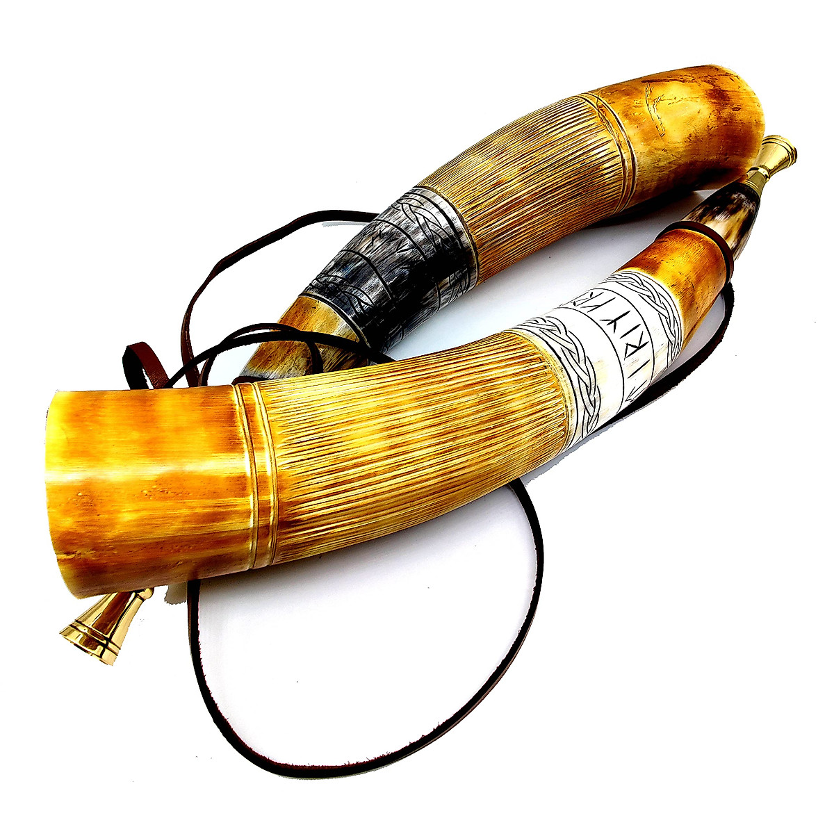 Viking War Horn Genuine Ox-Horn Battle Trumpet - Premium Hand Engraved Horn Viking Norse Cattle Ancient Horn Bugle Hunting Tool BATTLE HORN BLOWING HORN VIKING BUGLE HORN & Brass With Wooden Stand 16"