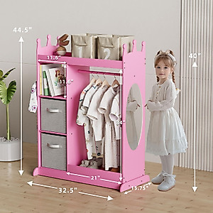 XJD Kids Dress Up Storage Wardrobe with Mirror and Drawers, Kids Clothes Rack Armoire Dresser Storage Bin(Pink)