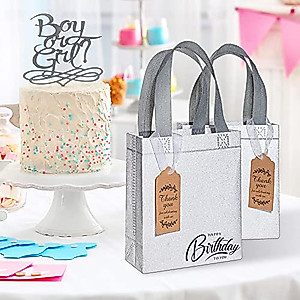 Woanger 48 Pack Christmas Reusable Gift Bags Metallic Tote with Handles Glitter Gift Bags Bling Non Woven Bags for Wedding Birthday Bridesmaid (Silver, 6.5 x 3.1 x 7.8 Inch)