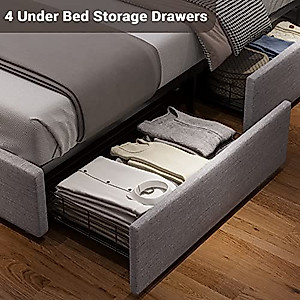 ADORNEVE LED Full Size Bed Frame with Storage Drawers, Upholstered Platform Bed Frame Full with LED Lights and Charging Station, Sturdy Wooden Slats Support, No Box Spring Needed, Light Grey