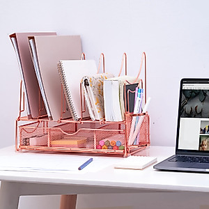 ARCOBIS Rose Gold Desk File Organizer for Women, Desk Organizers and Accessories with Pen Holder & Sliding Drawer & Vertical File Folder Sorters, Cute Desktop File Holder for Office Supplies
