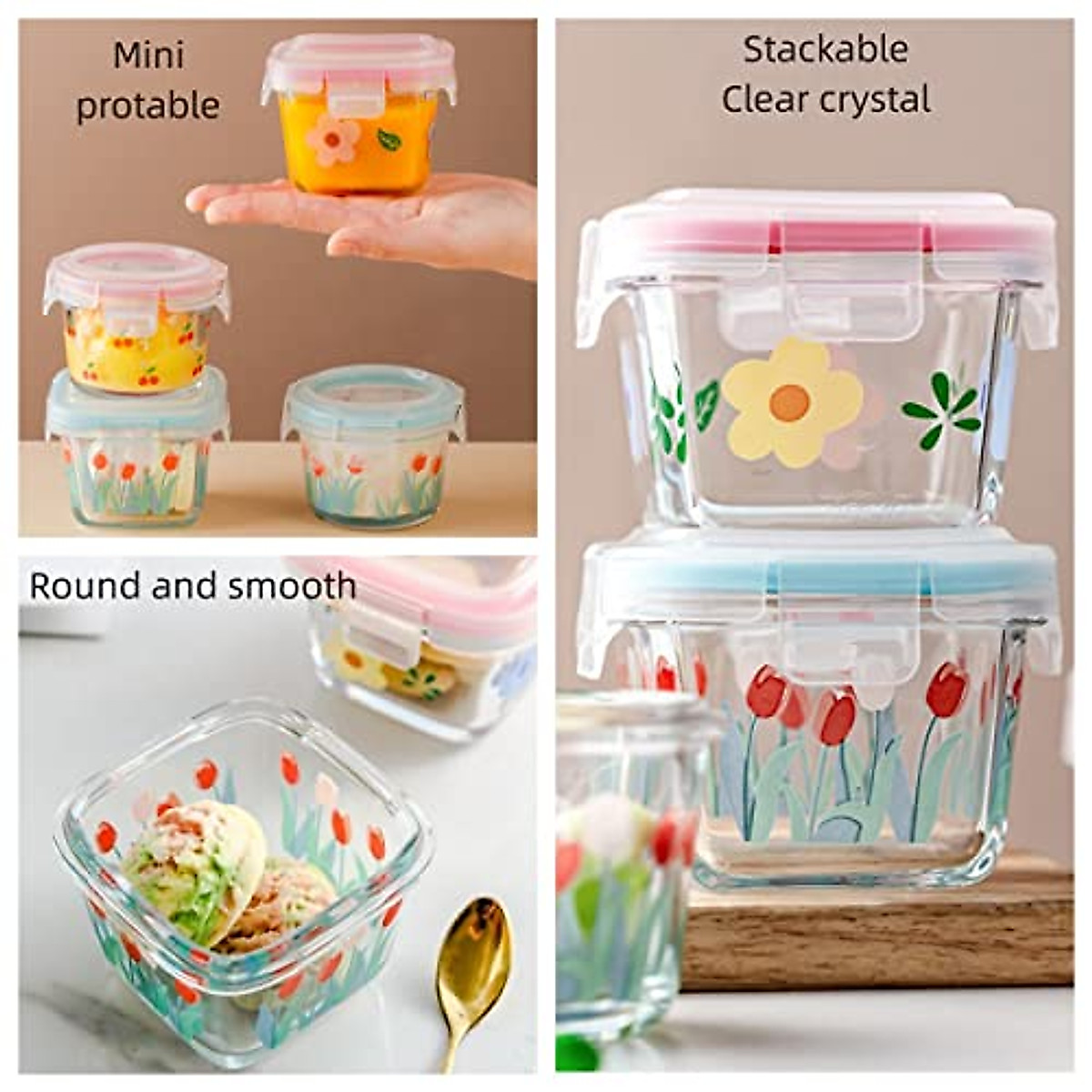 2 Pack 4 OZ Mini Glass Food Storage Containers Portable Small Food Jars with Airtight Lids Leakproof Square Flower Glass Container for Food Portion,Dipping Sauce,Snack,Nut,Yogurt,Freezer Microwave Safe
