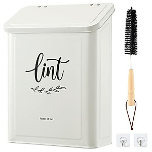 Perfnique Magnetic Lint Bin for Laundry Room with Lint Brush, Wall Mounted Lint Holder Trash can with lid for Dryer, Modern Farmhouse Rustic Metal Laundry Room Storage Organization and Decor(White)