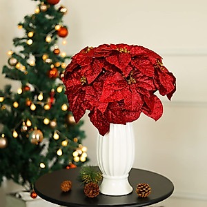 Nubry 10pcs Artificial Poinsettia Flower Heads with 2pcs Stems Fake Red Christmast Decoration Faux Flowers Bouquet for Christmas Tree Home Garden Decor (5-Red-11in)