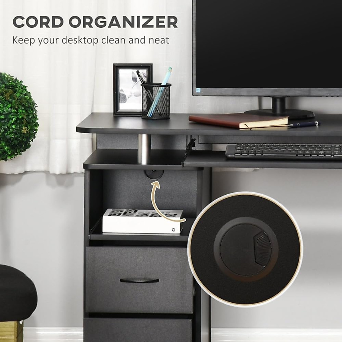 Black Computer Desk with Storage Shelves Monitor Stand Keyboard Tray, Home Office Desk, Simple Modern Style Laptop Desk for Small Space, Office Desk with Adjustable Monitor Stand Study Writing Table