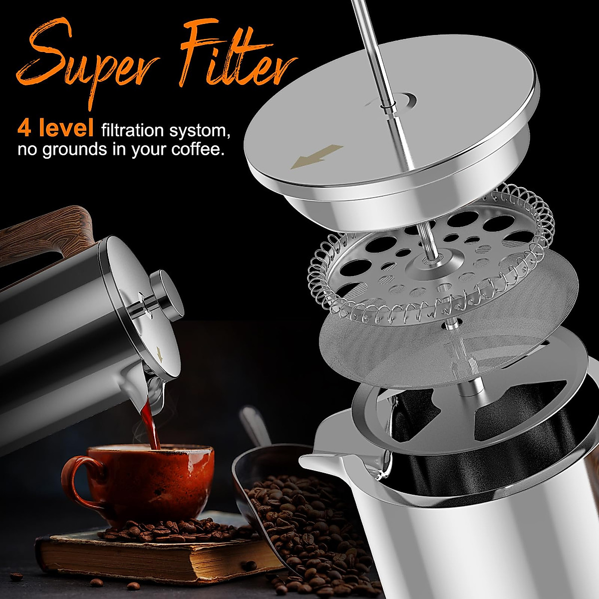 IKAPE French Press Coffee Maker, 34 OZ 304 Stainless Steel Espresso Coffee & Tea Maker with 4 Level Filtration System(Silver)