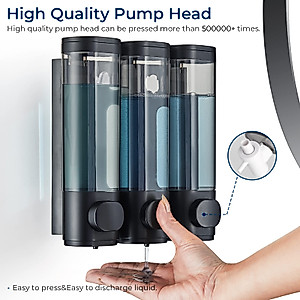 Shampoo and Conditioner Dispenser, Pollock Shower Dispenser 3 Chamber No Drill Shampoo Dispenser for Shower Wall Mounted Shampoo Conditioner Body Wash Dispenser for Bathroom,Large Capacity,Black