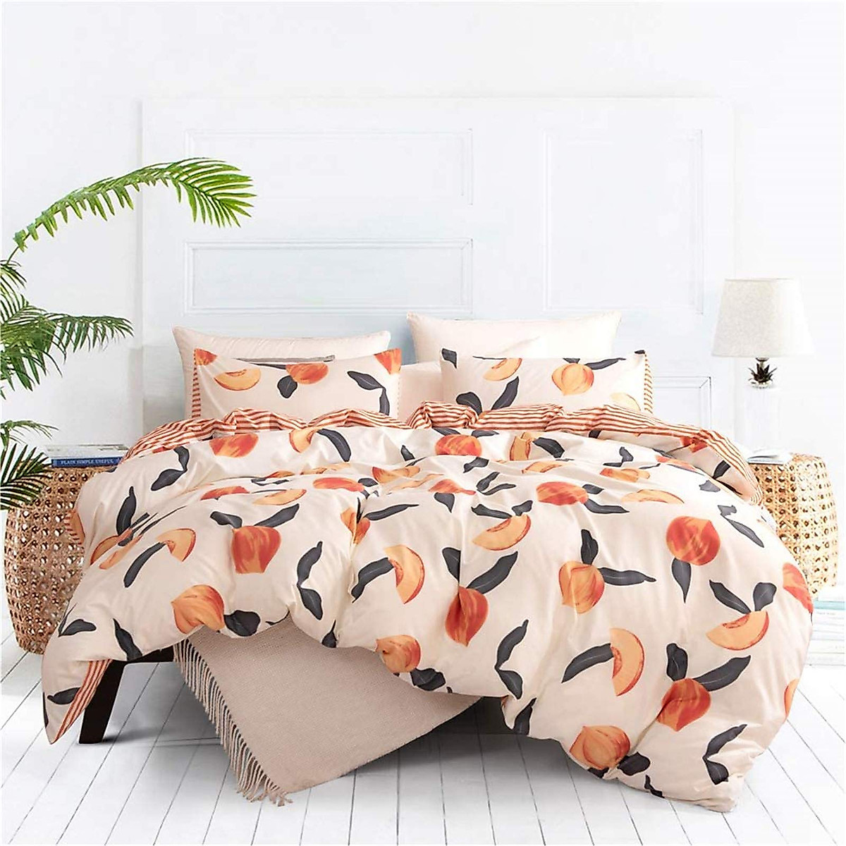 Peach Bedding Cute King Duvet Cover Set Soft Striped Duvet Cover with 1 Duvet Cover and 2 Pillowcases（Peach King）