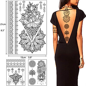 Glaryyears Black Lace Temporary Tattoo for Women Girls, 60+ Patterns 8 Pack Fake Mandara Flowers Tattoos Stickers, Sexy on Body Underboob Arm Chest Shoulder Thigh Abdomen Waist for Beach Party
