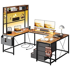 U Shaped Desk with Monitor Stand and LED Lights, U Shaped Gaming Desk with Storage Shelves, Large Computer Desk with Power Outlets, Large Corner Office Desk with 4 Drawers,Rustic Brown
