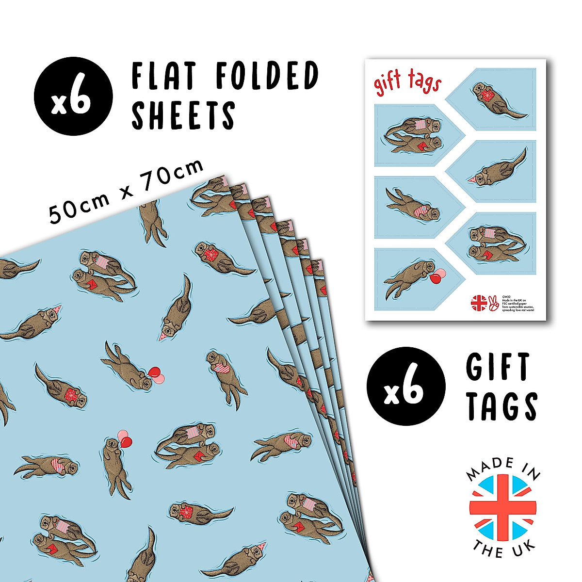 CENTRAL 23 6 Wrapping Paper Sheets - Birthday Otters - Blue Gift Wrap for Men Women - Friends Wrapping Paper - Valentines Day Wrapping Paper For Him Her - Comes with Stickers