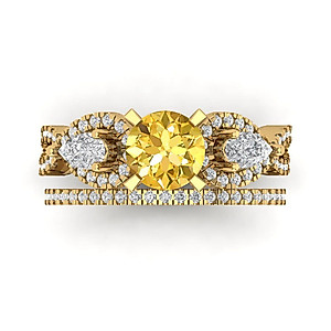 Clara Pucci 2.1ct Round Cut Solitaire 3 stone Real Yellow Citrine Designer Art Deco Statement Wedding Ring Band Set 18K Yellow Gold 10.75