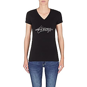 A|X ARMANI EXCHANGE Women's V-Neck Slim Fit Triple Logo T-Shirt, Black, Large