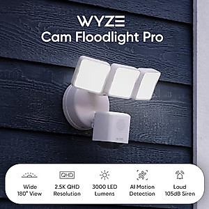 WYZE Floodlight Camera Pro, 3000-Lumen LEDs, 180° Wide View, 2K HD Outdoor Security Camera, Motion Detection, 105dB Siren, Cloud & Local Storage, Color Night Vision, for Home Surveillance, Wired