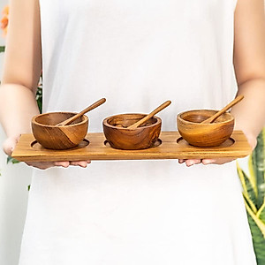 Rainforest Bowls Set of 3 Javanese Teak Wood Condiment Dipping Bowls w/Tray & 3 Spoons- Hot & Cold Friendly, Ultra-Durable - Exclusive Luxury Custom Design Handcrafted by Indonesian Artisans