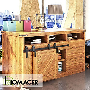 Homacer Mini Black Rustic Single Track Bypass Sliding Barn Door Hardware Kit, for Two Doors, 54-inch Long Flat Track, Classic Design Roller (One Flat +One Bent), Cabinet TV Stand Use