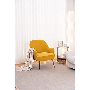 INMOZATA Velvet Living Room Chair Modern Accent Chair Tufted Back Upholstered Armchair Barrel Chair with Gold Legs Soft Reading Chair for Indoor Home Living Room(Yellow,Teddy)