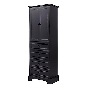 HAUSHECK Free Standing Bathroom Storage Cabinets with 4, Shelves & Doors, Utility, 68.1nch Height, Black w/Drawers