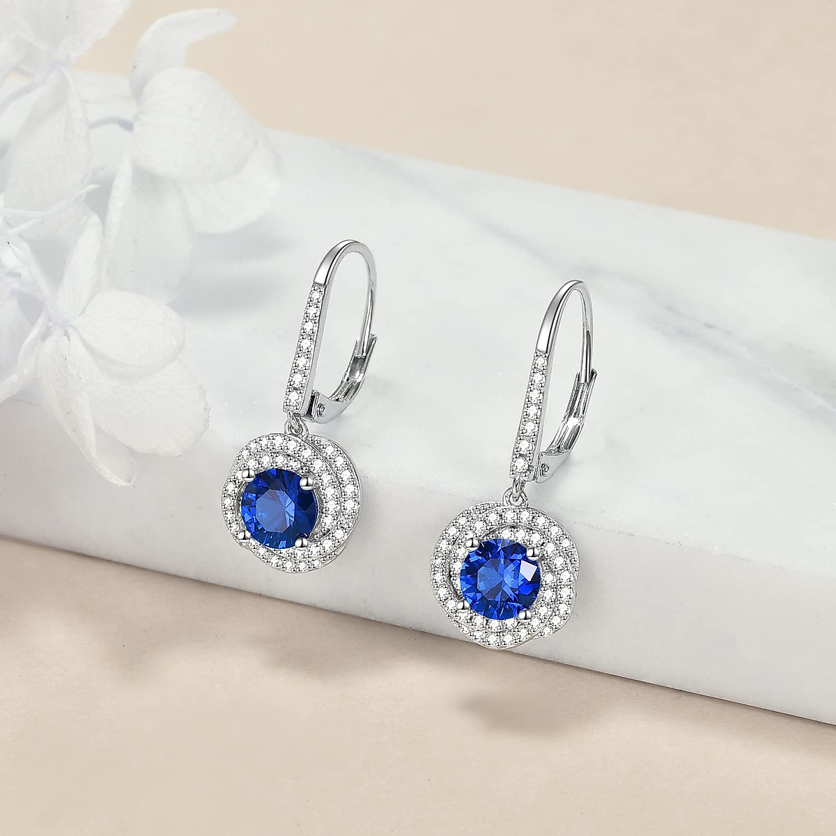 VONALA Sapphire Earrings 925 Sterling Silver Blue Cubic Zirconia Leverback Earrings CZ Dangle Drop Dangling Earrings Sapphire Jewelry Gift for Women